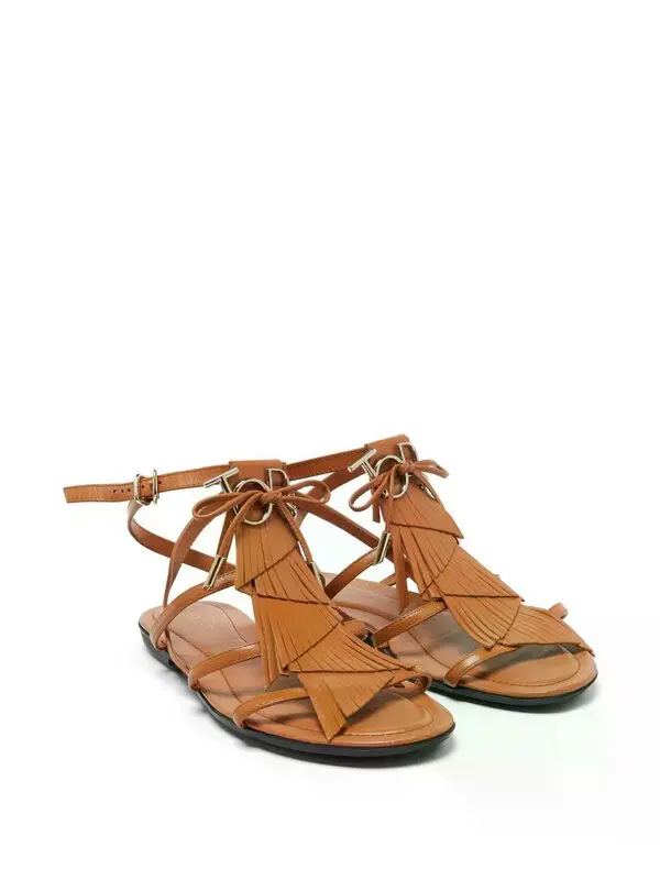 TOD'S Leather Fringed Sandals - Brown