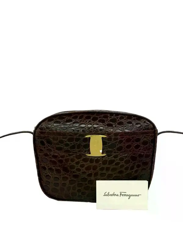FERRAGAMO Croc Embossed Leather Vara Crossbody Bag