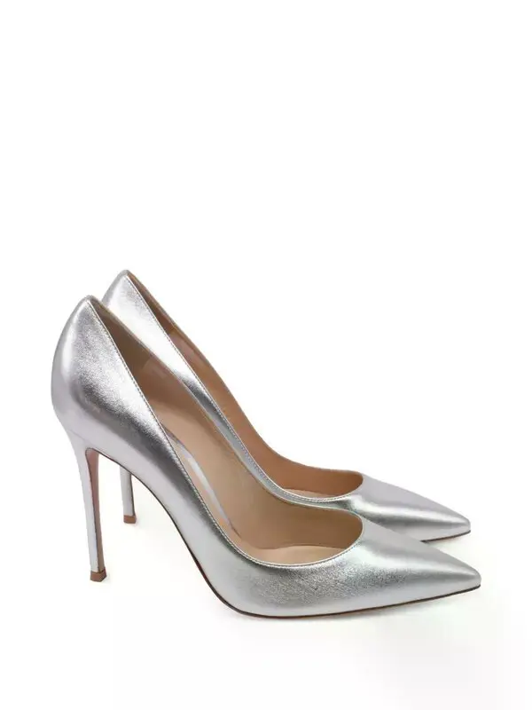 GIANVITO ROSSI Metallic Leather Pointed Toe Stiletto Heel Pumps - Silver
