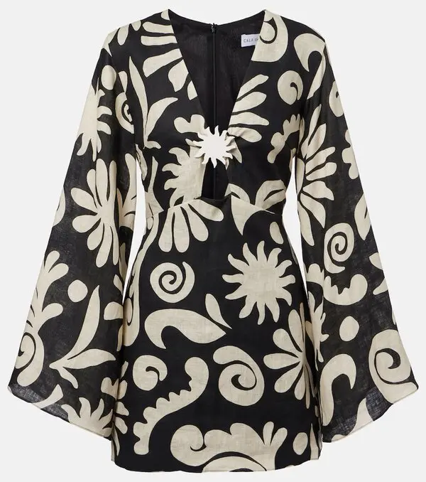 CALA DE LA CRUZ Vera Printed Linen Minidress - Black