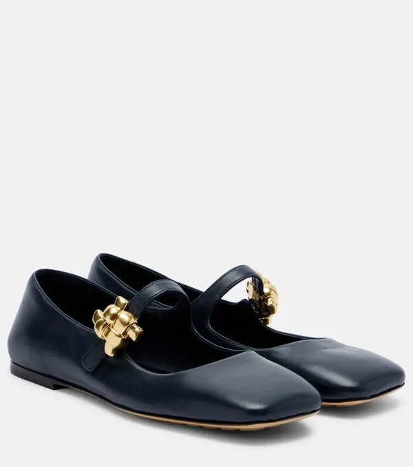 Bottega Veneta Embellished Leather Mary Jane Flats - Black