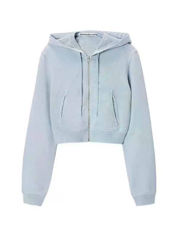 Alexander Wang Crystal Embellished Cropped Zip-up Hoodie - Blue