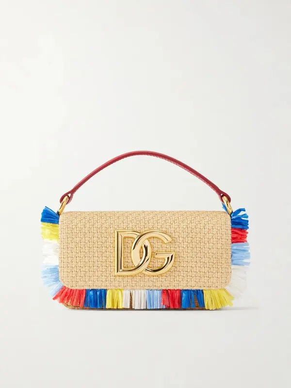 Dolce & Gabbana 3.5' Raffia Shoulder Bag With Fringed Embellishment And Gold-tone Logo - Multi
