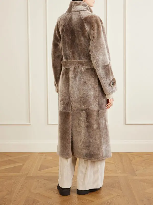 Brunello Cucinelli Belted Shearling Coat - Brown