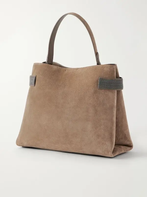 Brunello Cucinelli Bead-embellished Suede Shoulder Bag - Gray