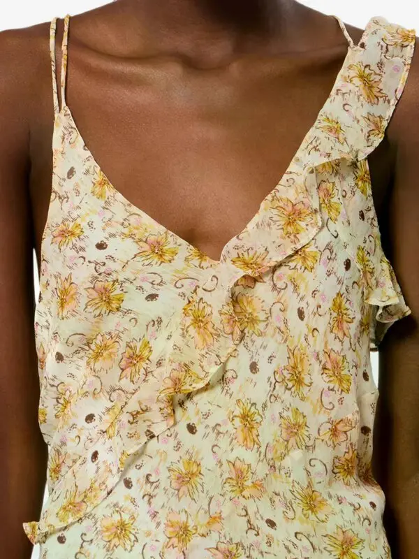 MARANT ETOILE Cream Beige Floral Print Ruffled V-neck Dress - Neutrals