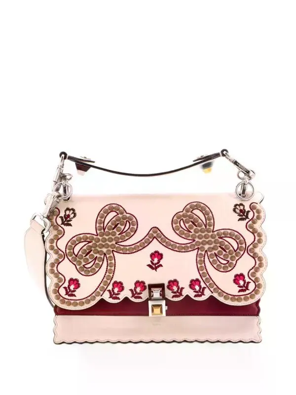 Fendi Kan I Bag Embroidered Studded Leather Medium Shoulder Bag - Neutrals