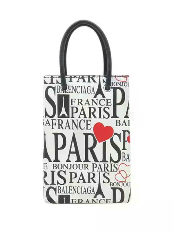 Balenciaga 2005-2026 Mini Calfskin Bonjour Paris Shopping Phone Holder Satchel - White