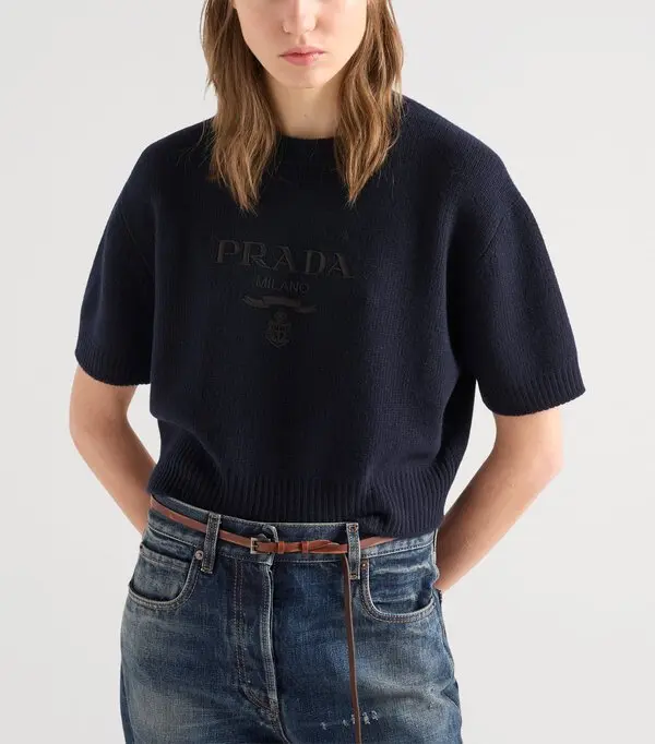 Prada Wool-cashmere Crew Neck Sweater With Embroidered Logo