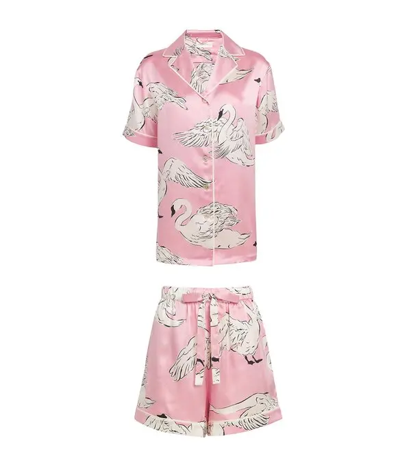 Olivia Von Halle Silk Ingo Selene Swan Short Pyjamas - Pink