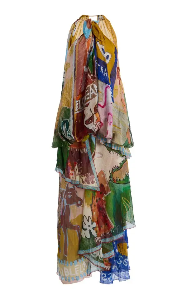 ALEMAIS Printed Chiffon Halterneck Tiered Gown - Multi