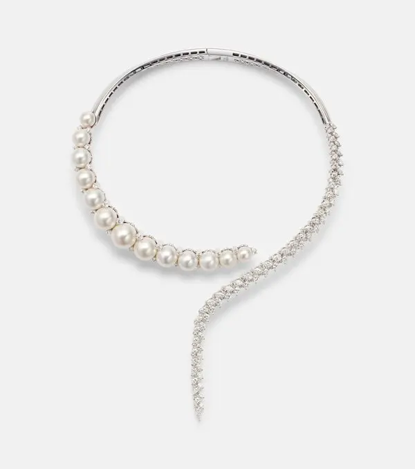 Yeprem Pearlescent Diamond And Pearl Necklace In 18kt White Gold - Silver