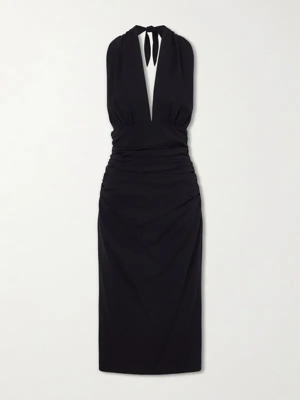 Dolce & Gabbana Halterneck Backless Ruched Silk-blend Midi Dress - Black
