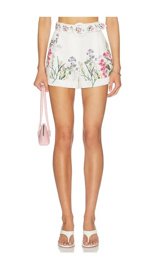 Hemant & Nandita Embroidered Linen Shorts With Buckle Belt - Ivory