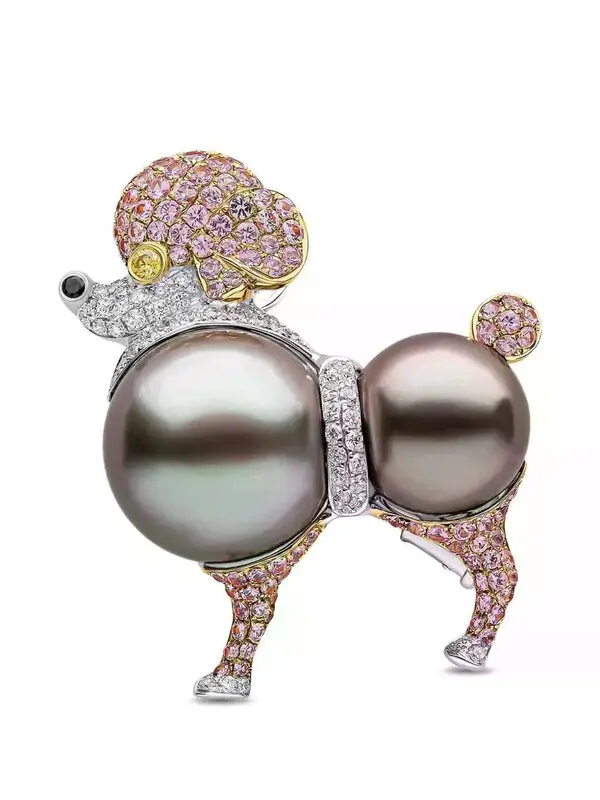 Yoko London Baroque Poodle Tahitian Pearl And Diamond Brooch - Silver