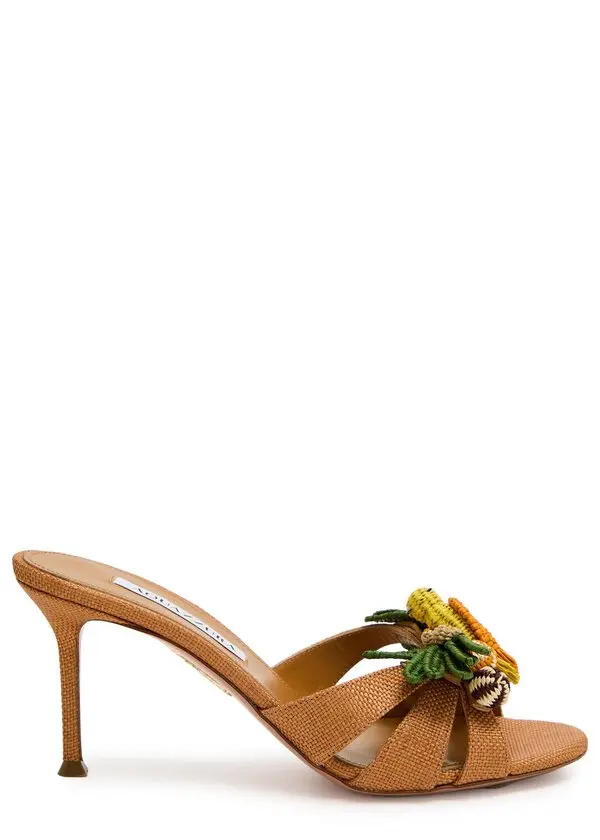 AQUAZZURA Birdsong 75 Appliquéd Woven Raffia Mules - Camel