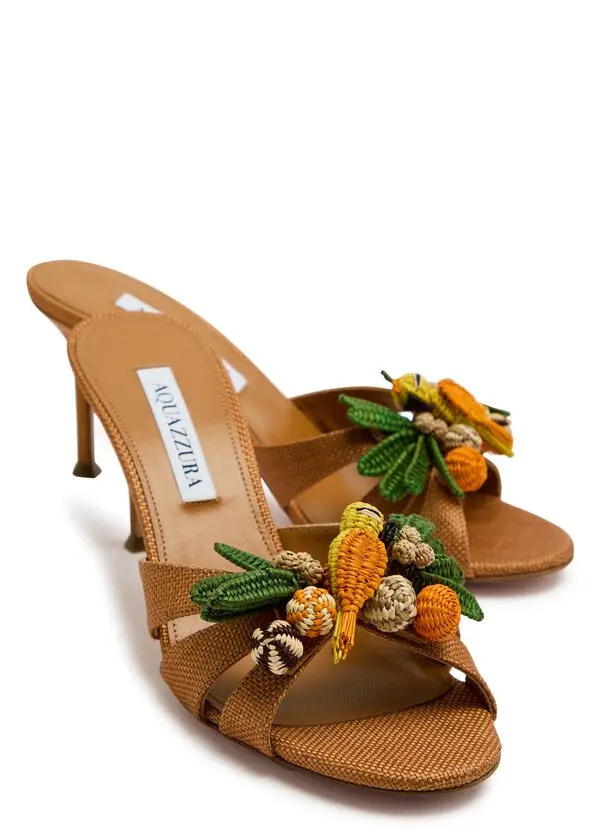 AQUAZZURA Birdsong 75 Appliquéd Woven Raffia Mules - Camel