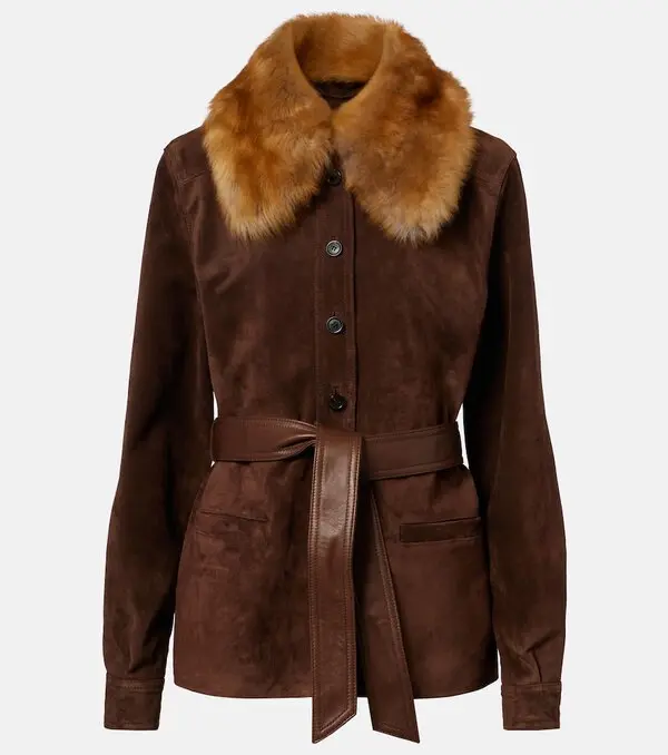 Saint Laurent Belted Suede Jacket With Shearling Trim