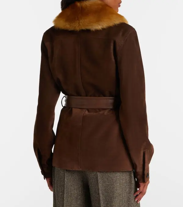 Saint Laurent Belted Suede Jacket With Shearling Trim