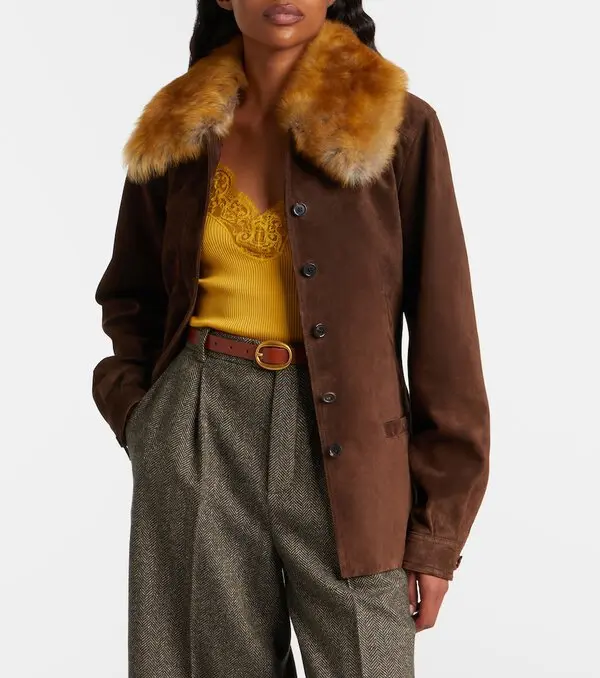 Saint Laurent Belted Suede Jacket With Shearling Trim