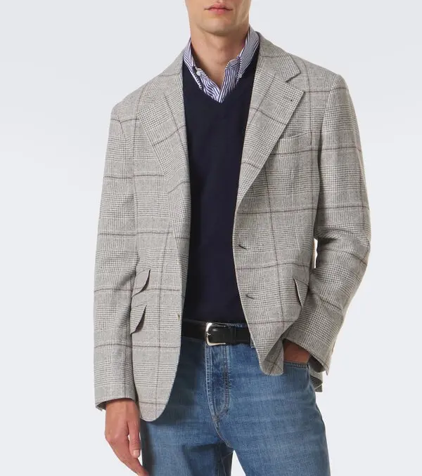 Brunello Cucinelli Checked Silk, Wool, And Cashmere Blazer