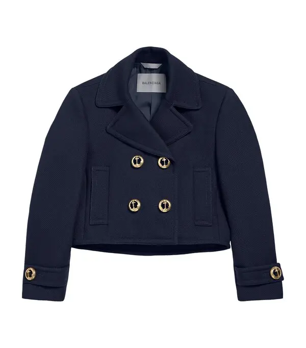 Balenciaga Cropped Wool Pea Coat With Double-breasted Fastening - Navy