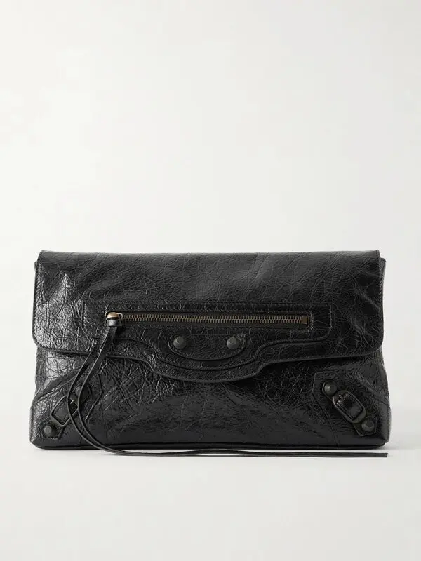 Balenciaga Le City Crinkled Leather Clutch With Studs - Black