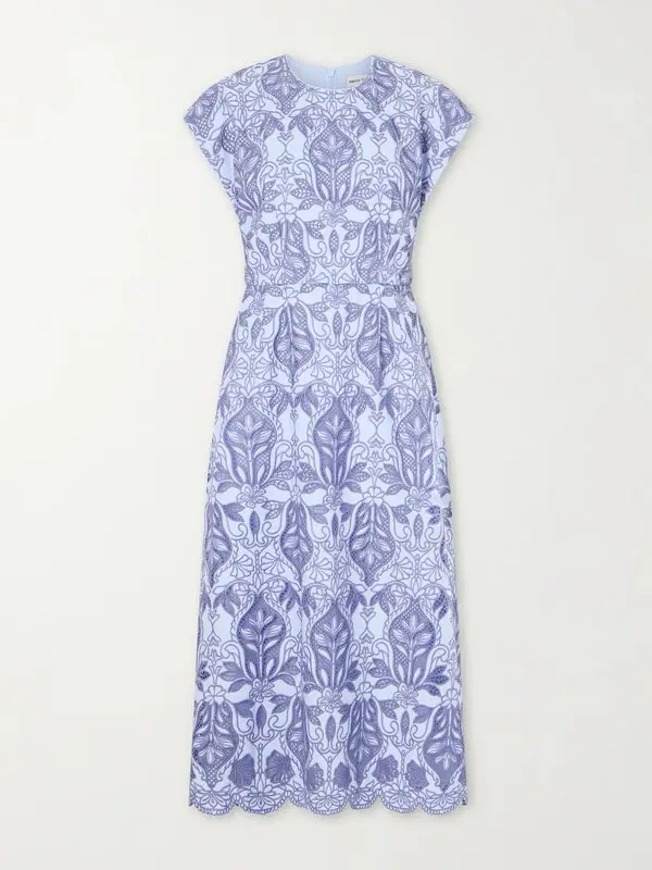 Rebecca Vallance Scalloped Embroidered Cotton Midi Dress - Blue