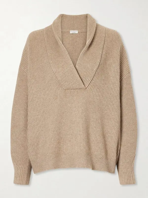 Brunello Cucinelli Ribbed-knit Cashmere Sweater With Shawl Collar - Brown