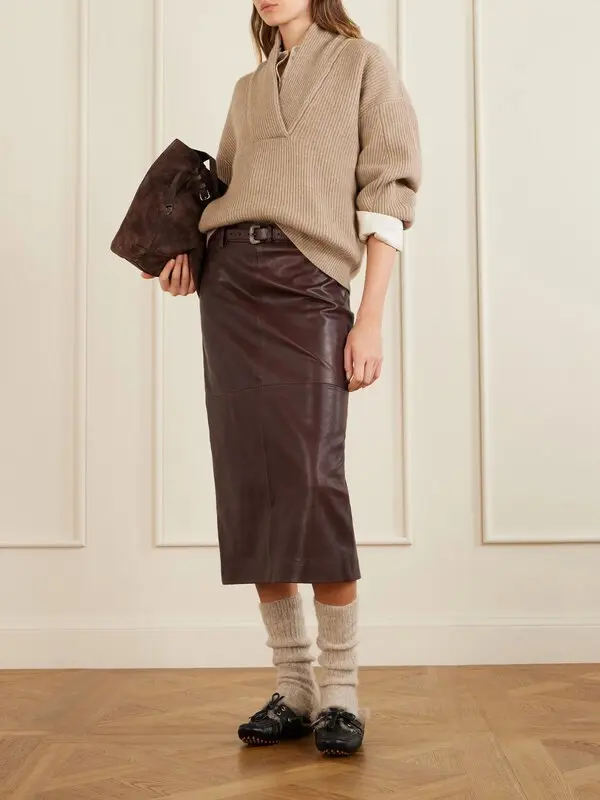 Brunello Cucinelli Ribbed-knit Cashmere Sweater With Shawl Collar - Brown