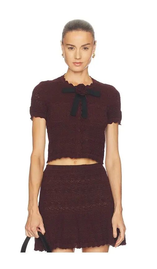 SELF-PORTRAIT Pointelle Knit Top With Detachable Bow - Brown