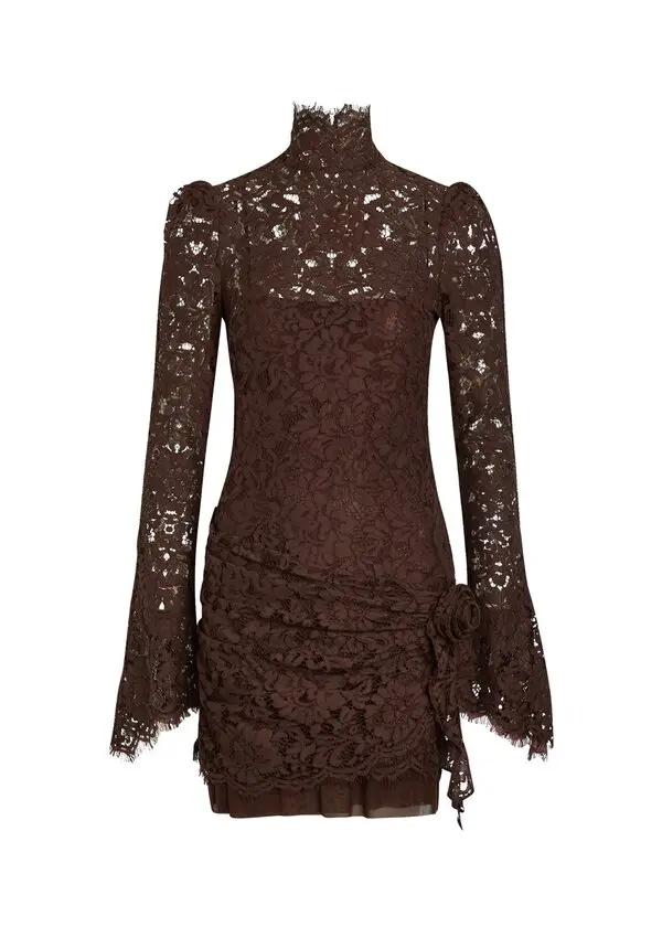 DE LA VALI Bodita Rose Appliqué Guipure Lace Mini Dress - Brown