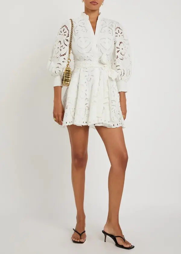 Alice + Olivia Lucy Embroidered Cotton Mini Shirt Dress - White