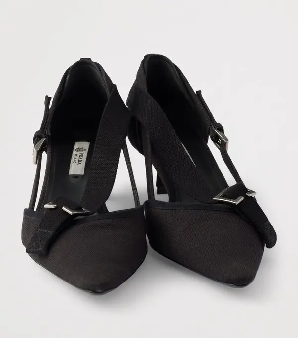 Prada Canvas Buckle Detail Kitten Heel Pumps - Black