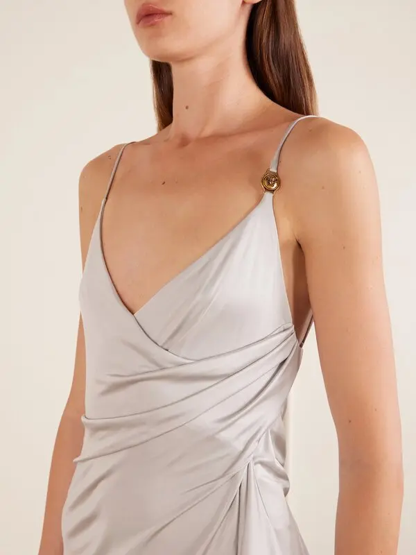 Versace Draped Jersey Gown With Medusa Emblem - Silver