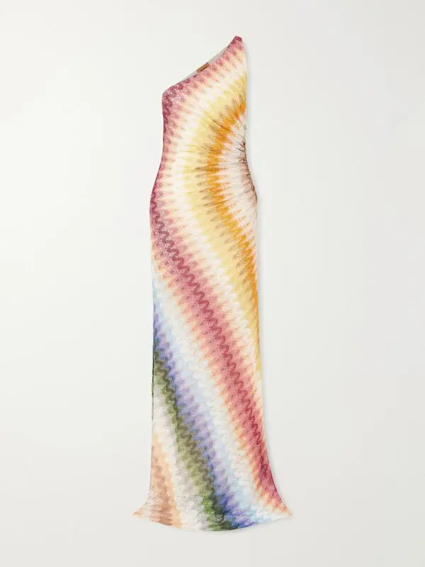 Missoni Striped Ruched Crochet-knit One-shoulder Maxi Dress - Multi