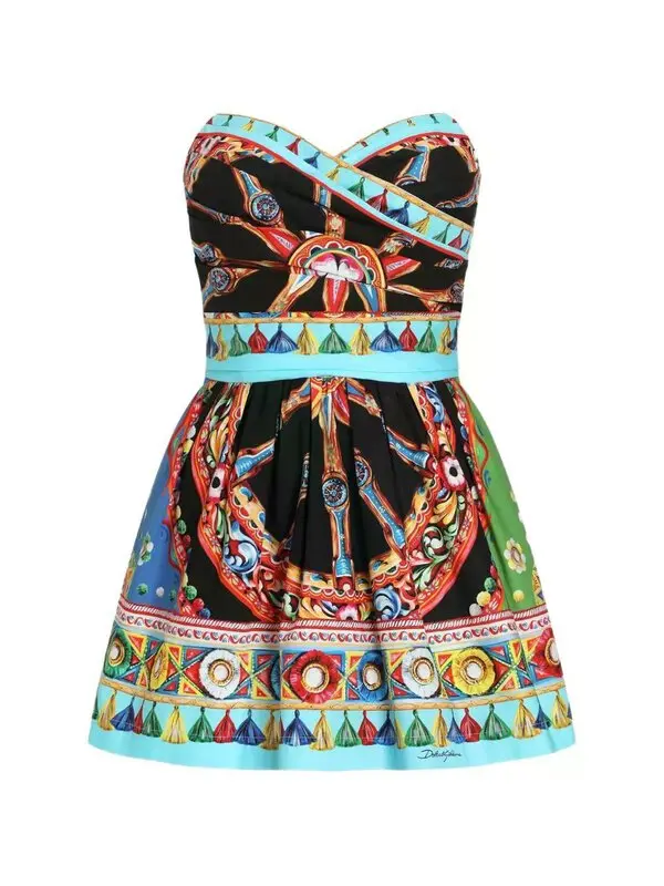 Dolce & Gabbana Carretto-print Strapless Poplin Mini Dress - Black