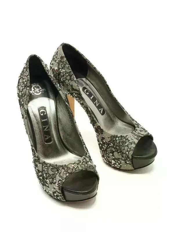 GINA Lace Crystal Embellished Peep-toe Stiletto Platform Pumps