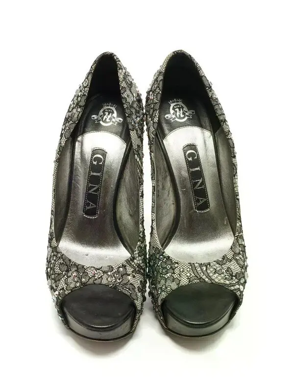 GINA Lace Crystal Embellished Peep-toe Stiletto Platform Pumps