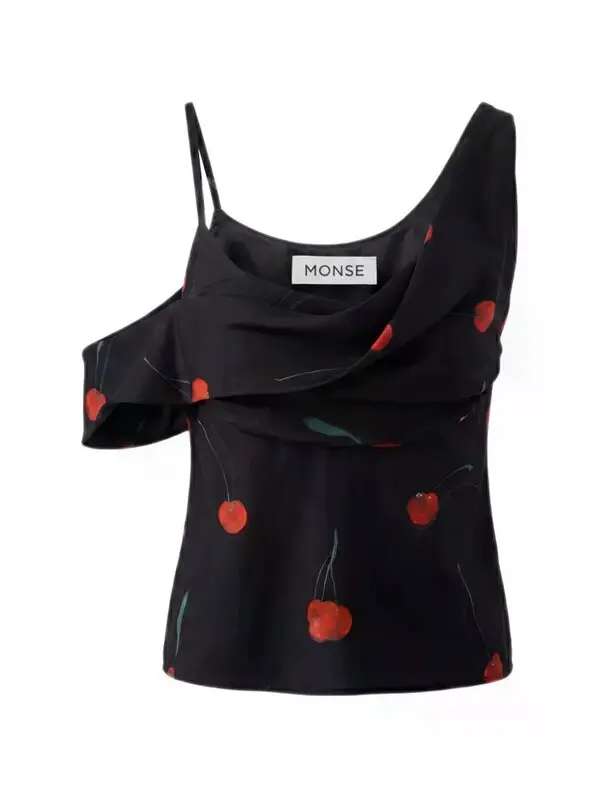 Monse Cherry Print Draped Top - Black