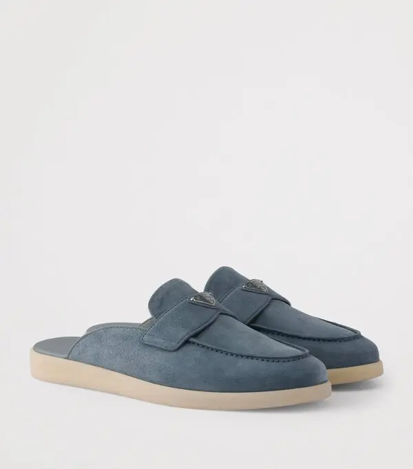 Prada Suede Triangle Mules - Blue
