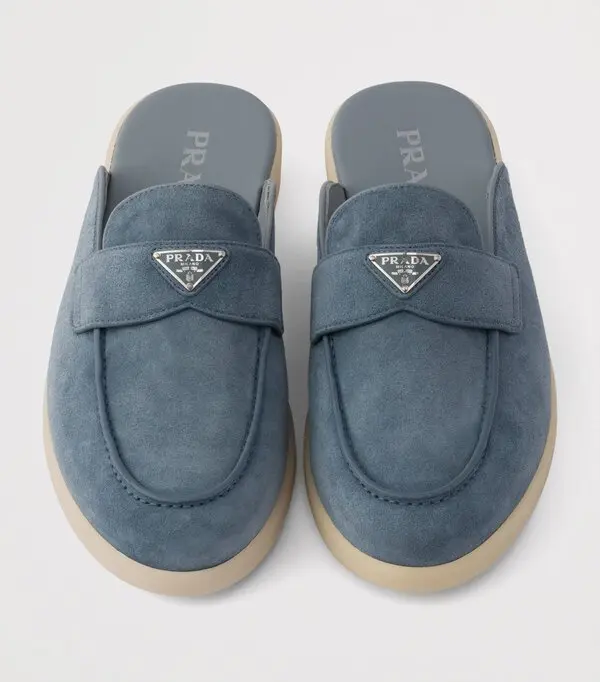 Prada Suede Triangle Mules - Blue