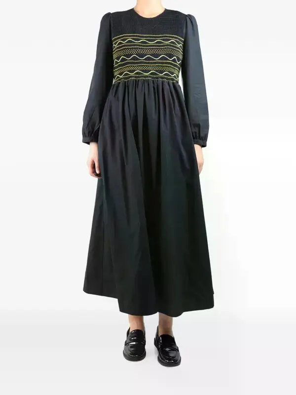 Loretta Caponi Shirred Bodice Midi Dress - Black