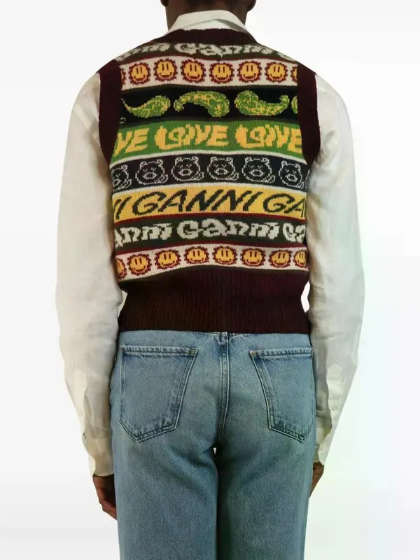 GANNI Burgundy Knit Smiley Face Vest
