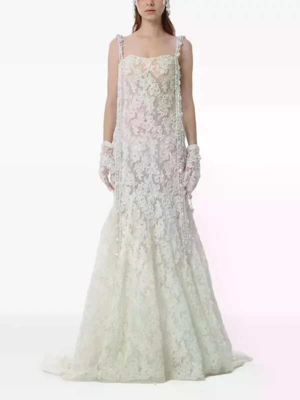 DINA MELWANI Lace & Pearl Embellished Maxi Dress - Neutrals