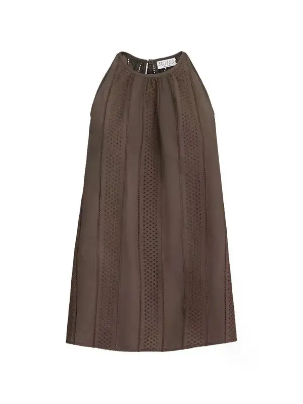 Brunello Cucinelli Techno Cotton Poplin Broderie Anglaise Top With Monili