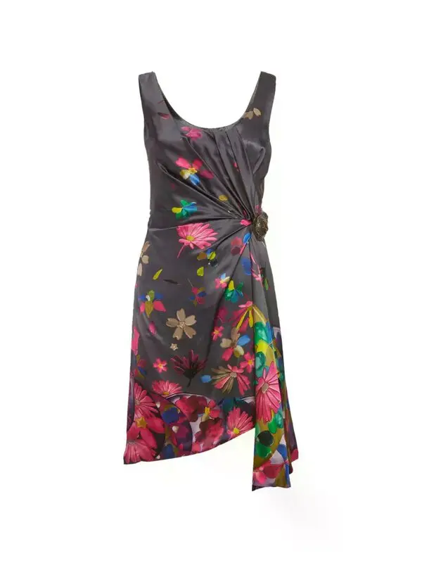 Versace Floral Print Draped Mini Dress - Grey