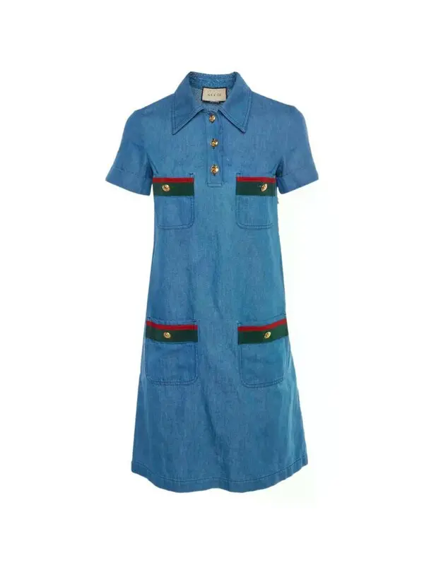 Gucci Denim Shirt Dress With Web Trim - Blue