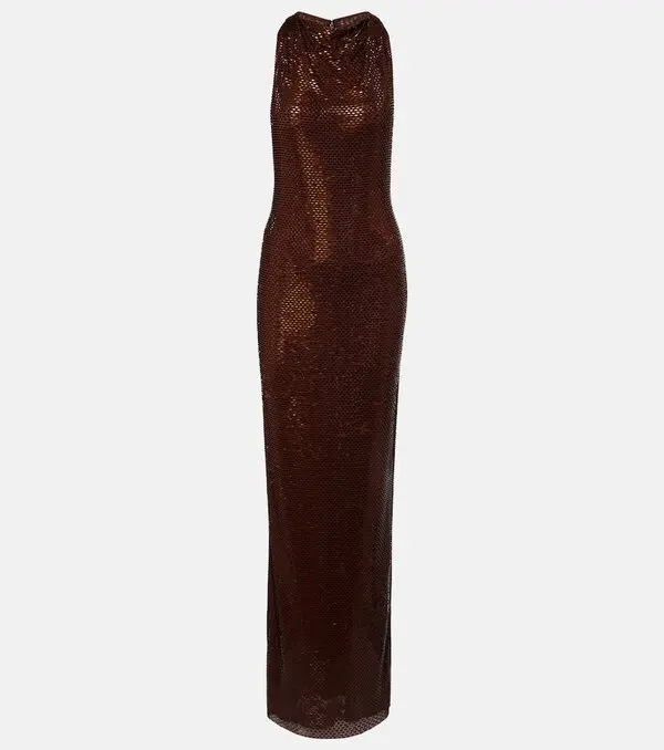 SELF-PORTRAIT Rhinestone-embellished Maxi Dress - Brown