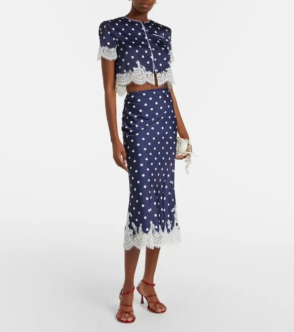 SELF-PORTRAIT Polka-dot Lace Trim Midi Skirt - Blue